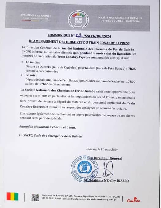 Réaménagement des horaires du Train Conakry Express : Important communiqué de la SNCFG… – Africa ...
