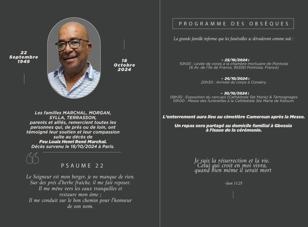 Programme des obsèques de feu Louis Henri René Marchal, décédé à Paris ...